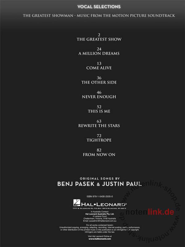 The greatest Showman (Film): Vocal Selections for voice and piano (with ...