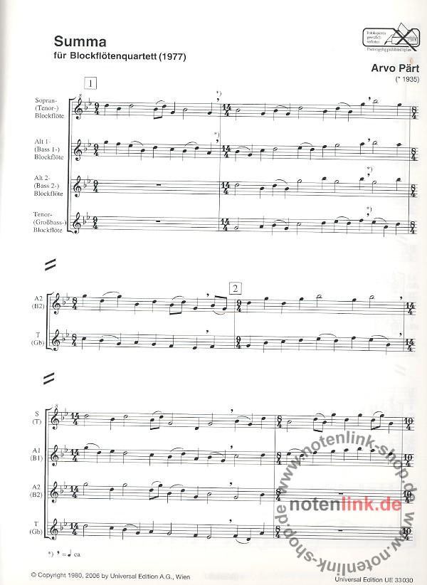 Pärt, Arvo : Summa für 4 Blockflöten (SAAT/TBBGb), Partitur und Stimmen ...