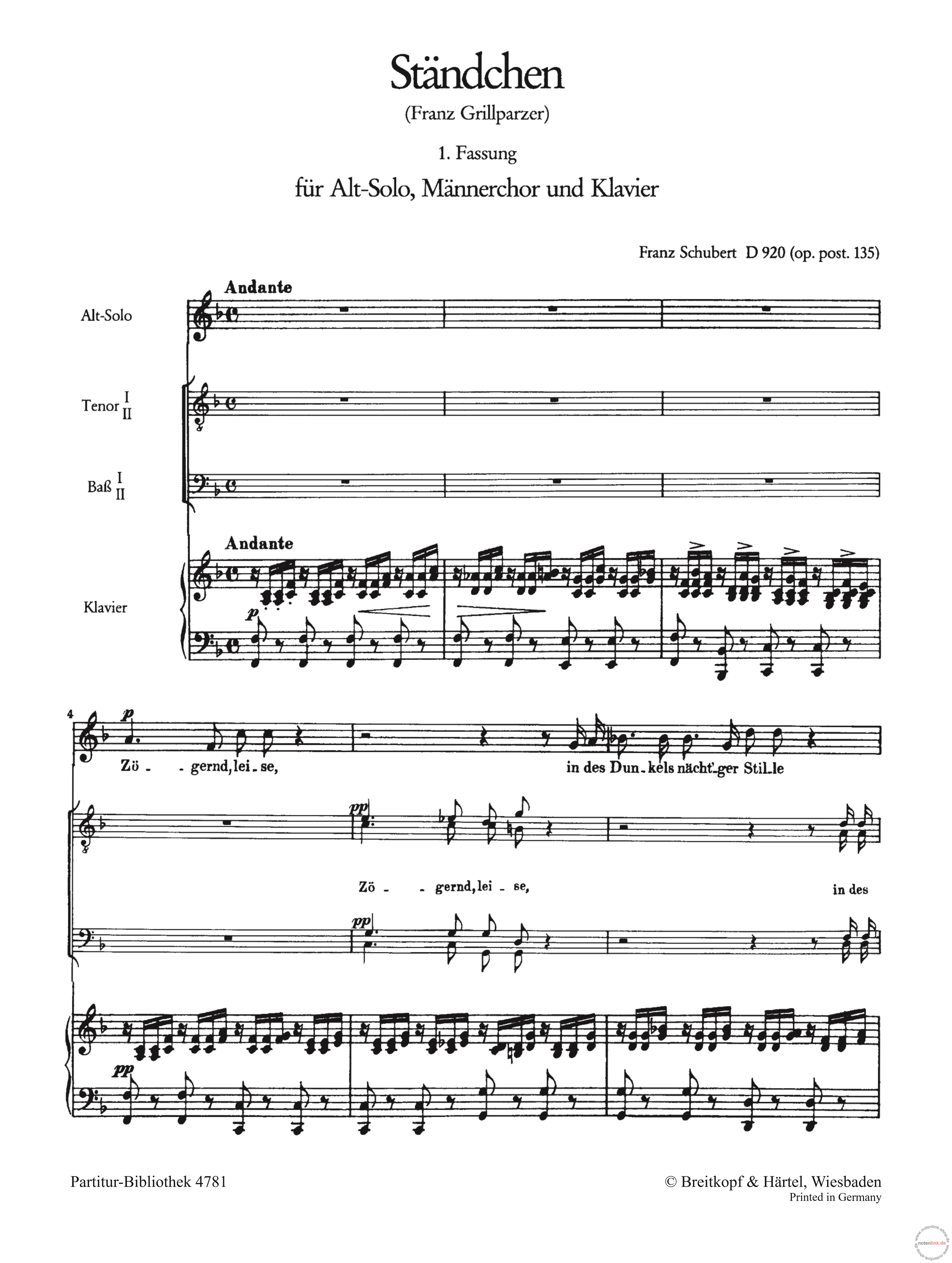 Schubert, Franz : Ständchen D920 für Alt, Männerchor und Klavier, Partitur (dt) - Breitkopf ...