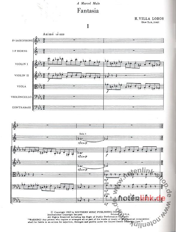 Heitor Villa-Lobos : Fantasia für Saxophon in B, 3 Hörner und Streicher ...