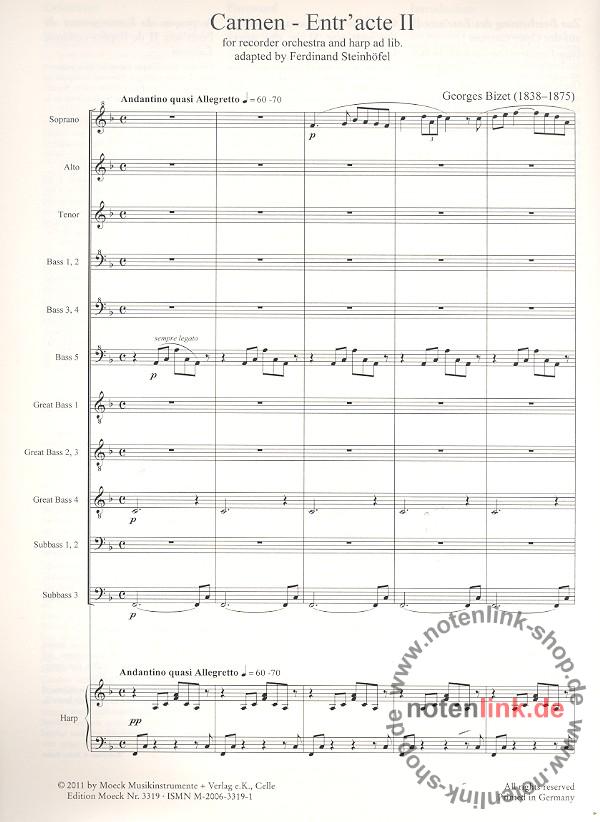 Bizet, Georges : Carmen - Entre acte no.2 für Blockflötenorchester, Partitur und Stimmen - Moeck ...
