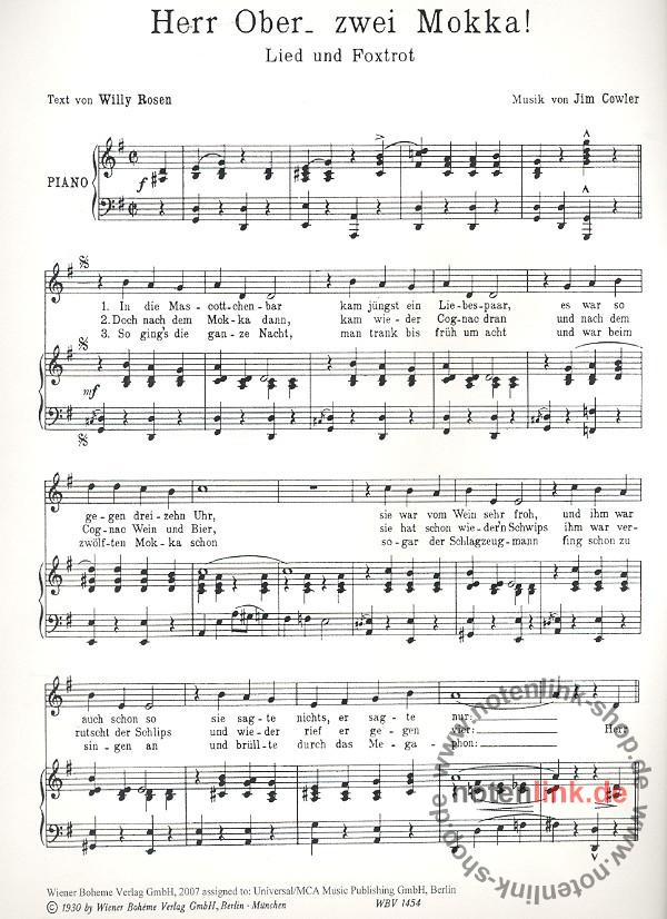Cowler, Jim : Herr Ober zwei Mokka: für Gesang und Klavier - BMG UFA ...