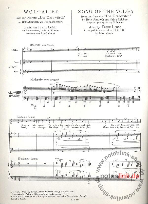 Wolgalied aus der Zarewitsch für von Franz Lehár - Josef Weinberger ...